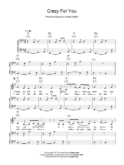 Adele "Crazy For You" Sheet Music & Chords | Download 4-Page Printable PDF Piano, Vocal & Guitar ...