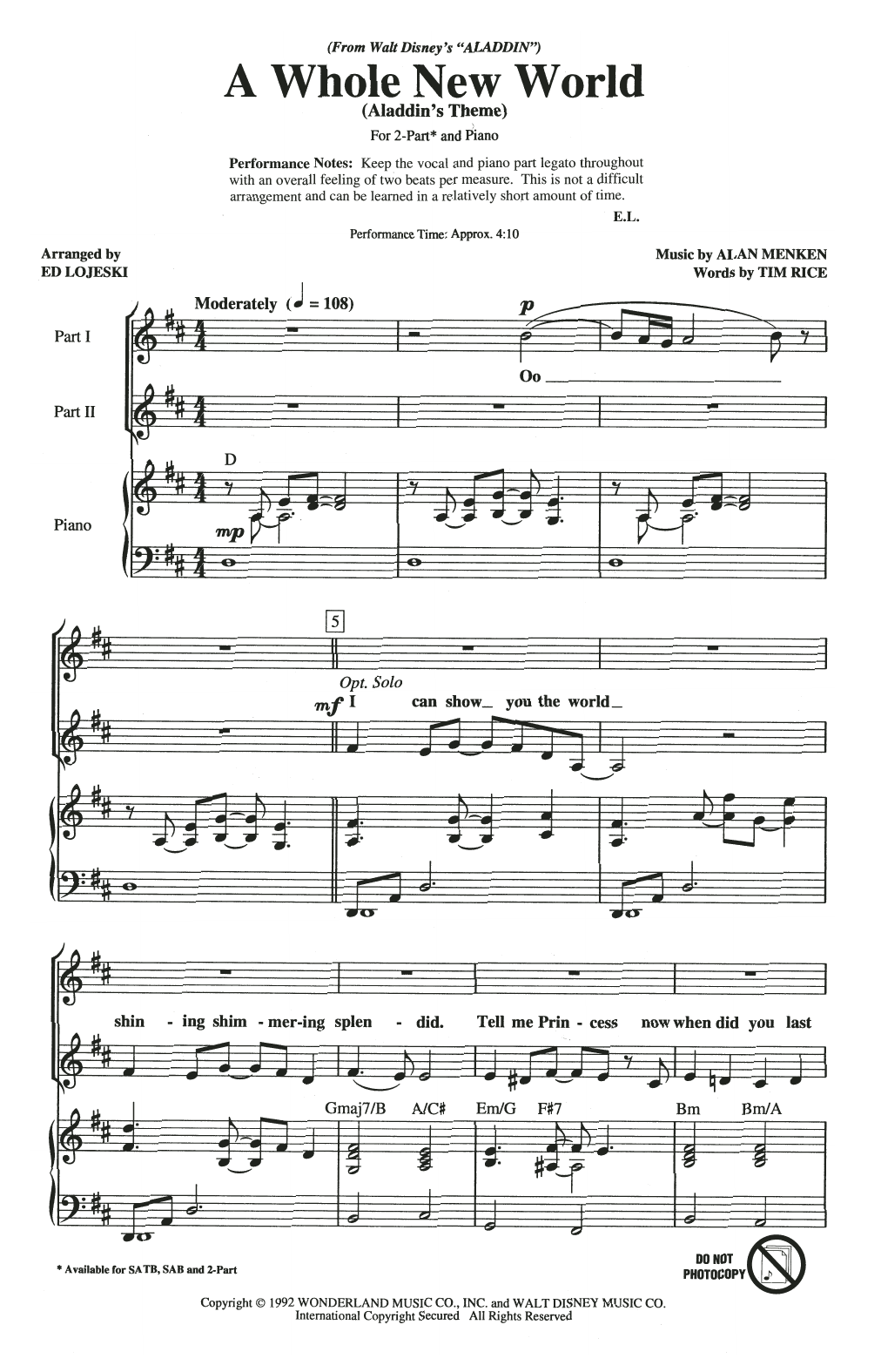Alan Menken & Tim Rice "A Whole New World (from Aladdin) (arr. Ed Lojeski)" Sheet Music & Chords ...