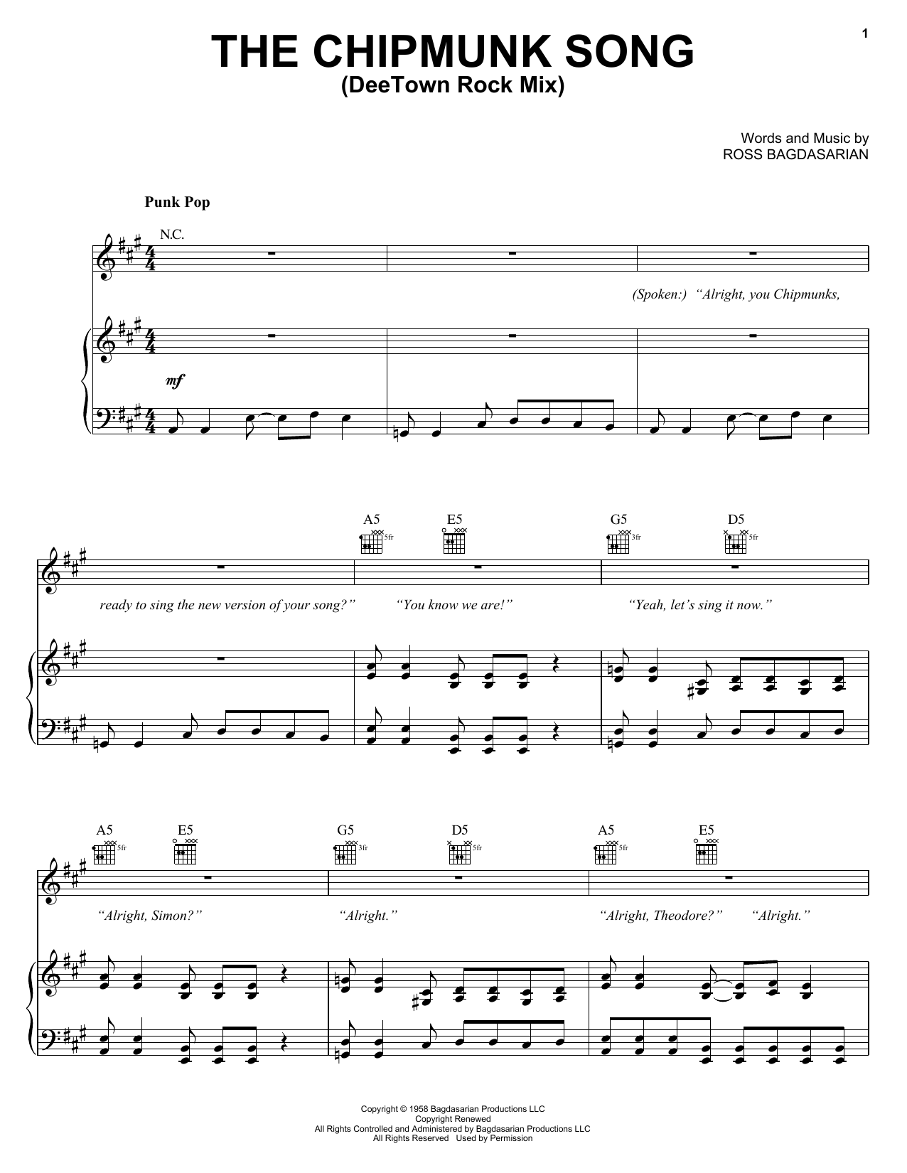 Alvin And The Chipmunks "The Chipmunk Song (DeeTown Rock Mix)" Sheet ...