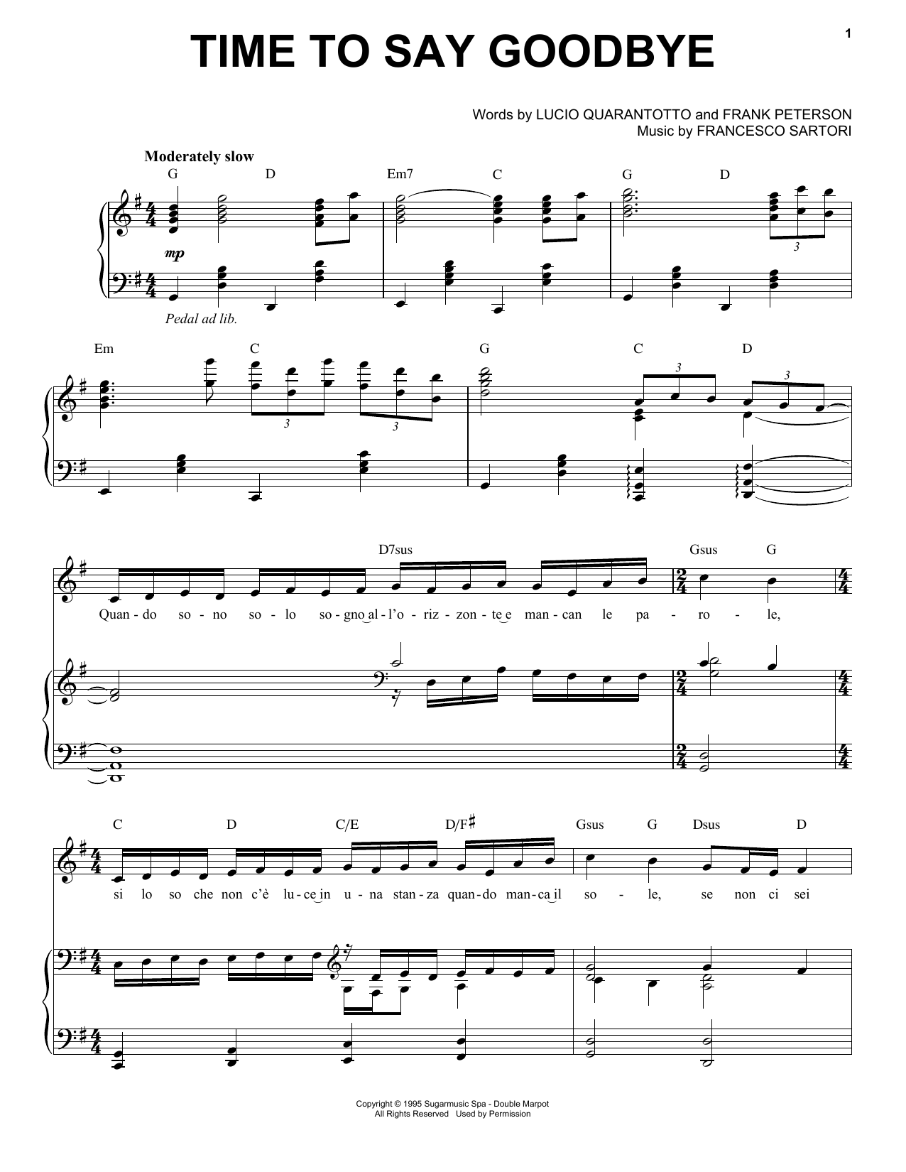 Andrea Bocelli "Time To Say Goodbye" Sheet Music & Chords | Download 5-Page Printable PDF Piano ...