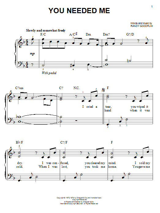 Anne Murray "You Needed Me" Sheet Music & Chords | Download 4-Page Printable PDF Easy Piano ...
