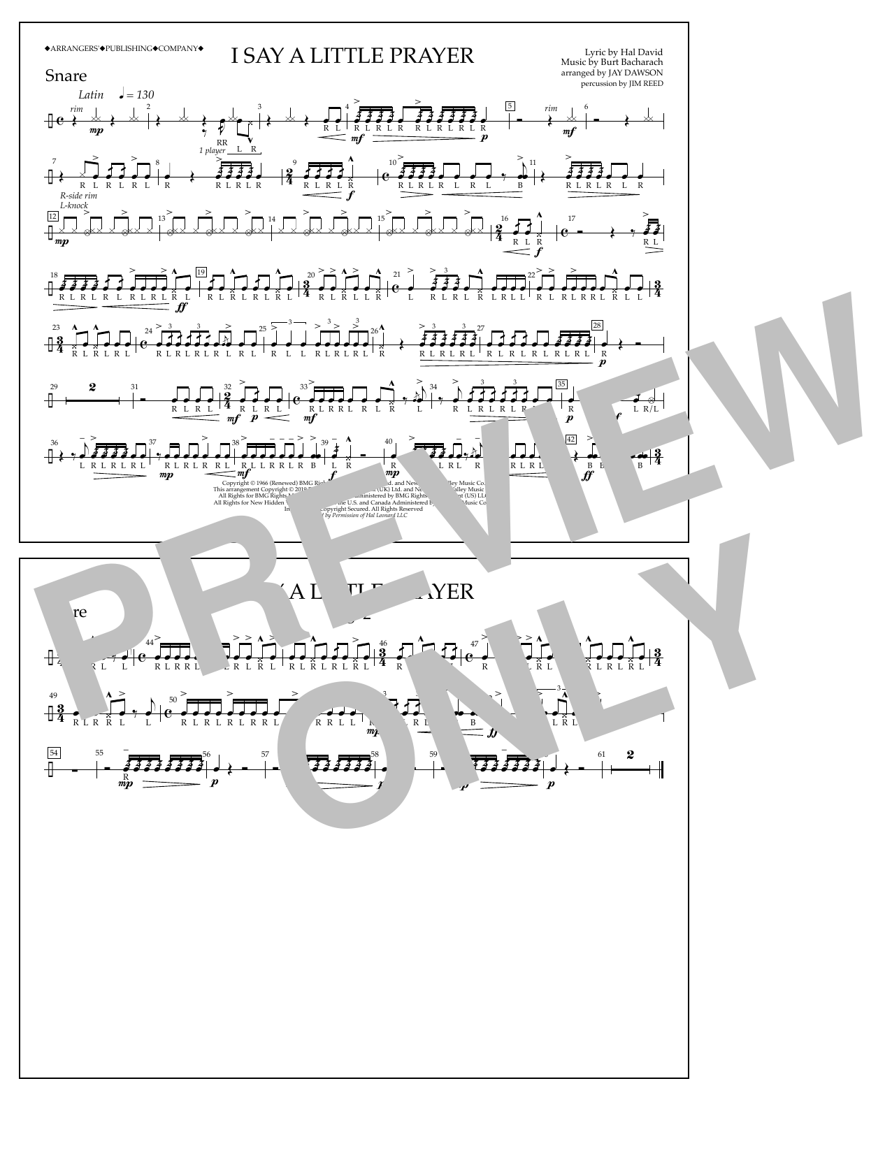 Aretha Franklin "I Say a Little Prayer (arr. Jay Dawson) - Snare" Sheet Music & Chords ...