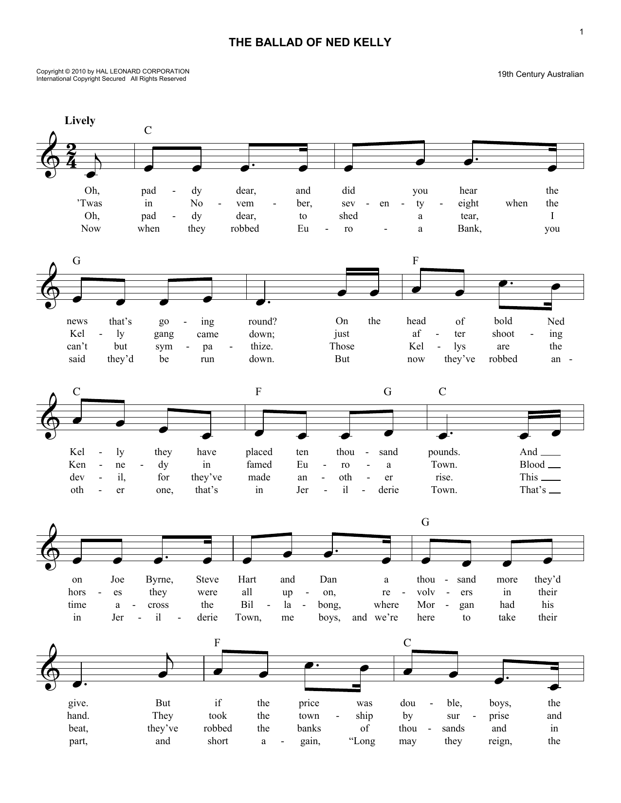 Australian Folksong "Ballad Of Ned Kelly" Sheet Music Notes, Chords ...
