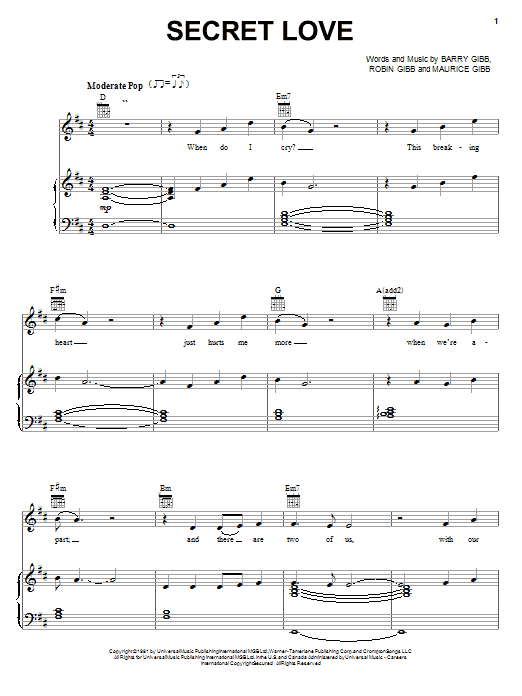 Bee Gees "Secret Love" Sheet Music Notes | Download Printable PDF Score ...