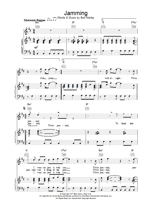 Bob Marley "Jamming" Sheet Music & Chords | Download 4-Page Printable ...
