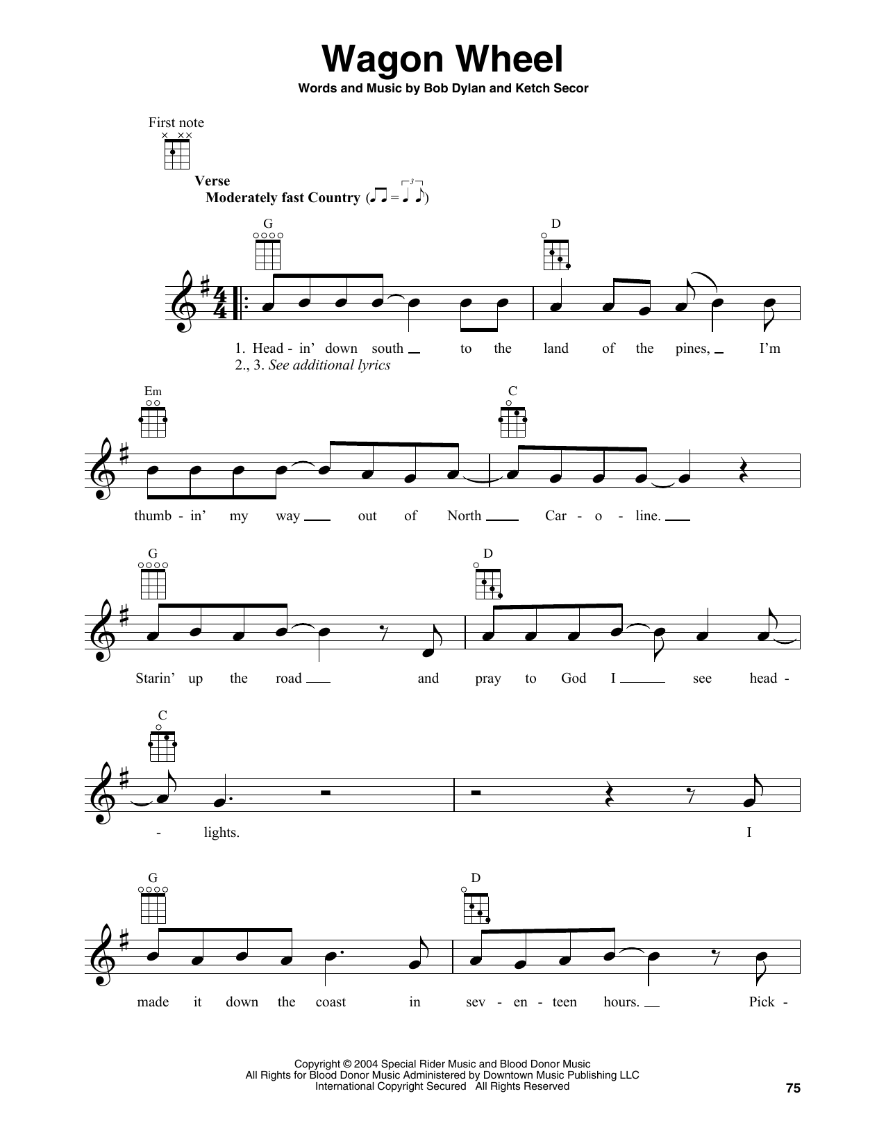 Boby Dylan "Wagon Wheel" Sheet Music Notes | Download Printable PDF ...