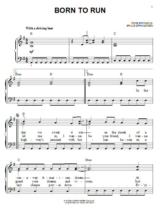 Bruce Springsteen "Born To Run" Sheet Music Notes | Download Printable ...
