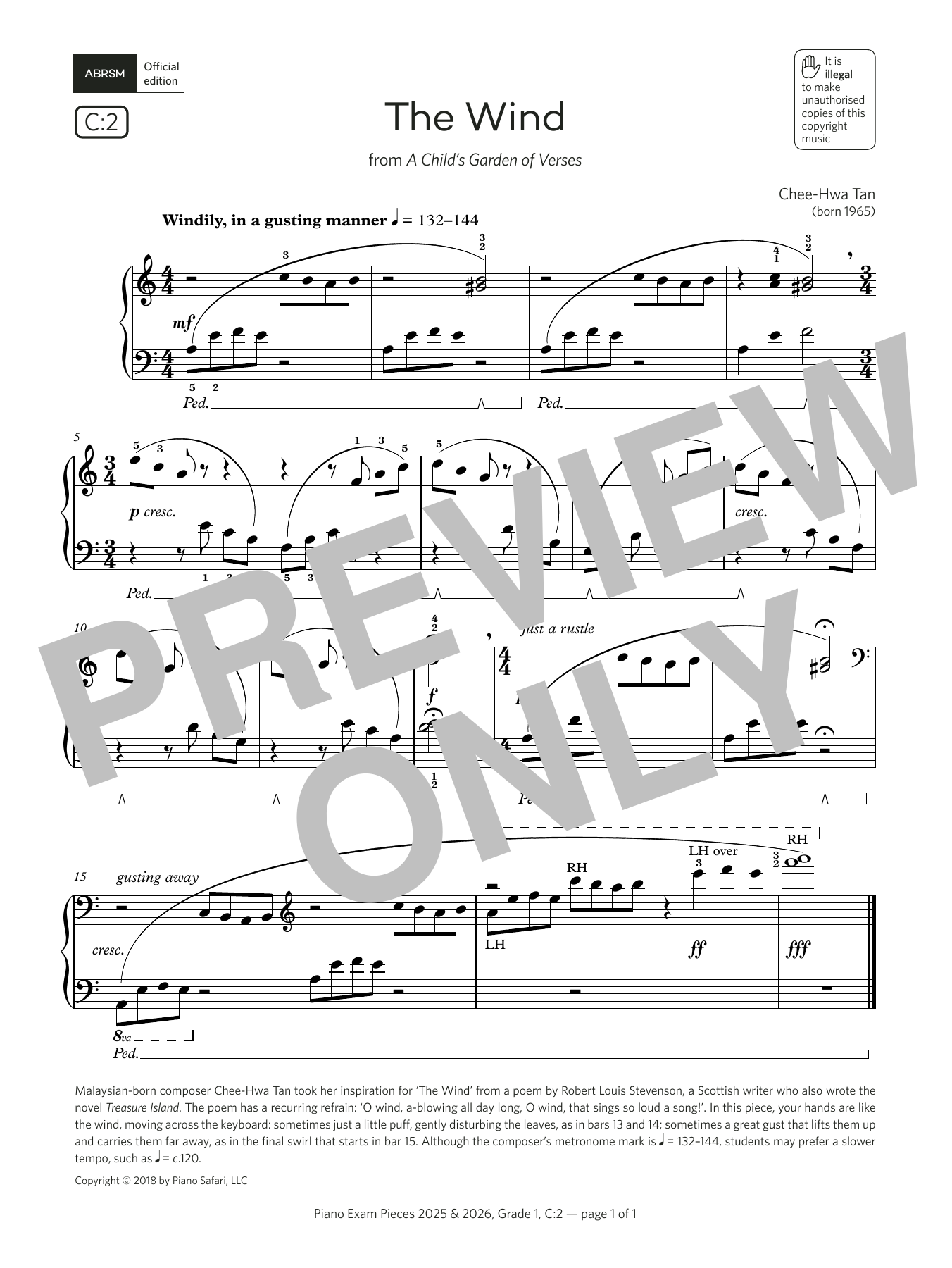 Chee-Hwa Tan "The Wind (Grade 1, list C2, from the ABRSM Piano Syllabus 2025 & 2026)" Sheet ...