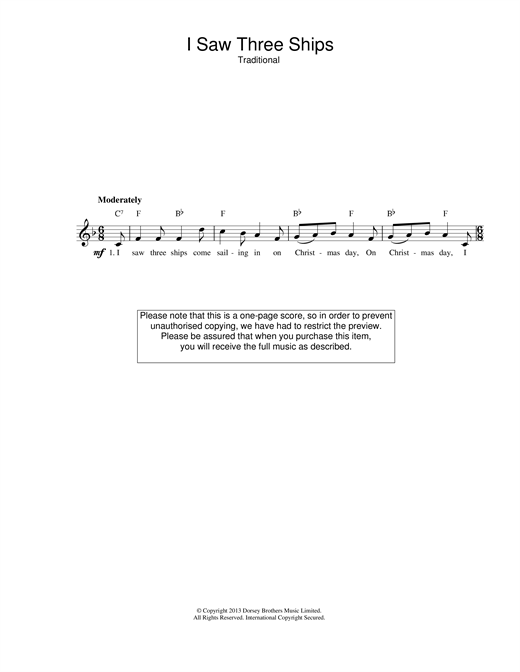 Christmas Carol "I Saw Three Ships" Sheet Music & Chords | Download 2 ...