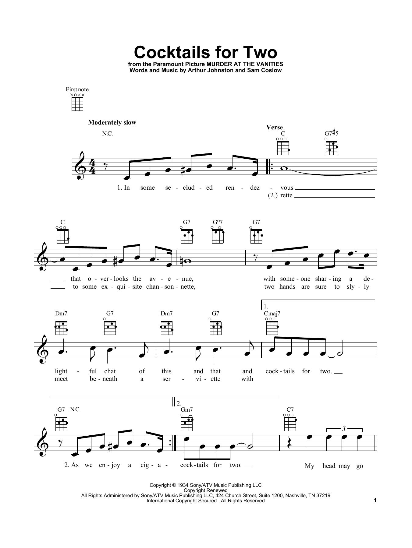 Arthur Johnston "Cocktails For Two" Sheet Music Notes | Download ...