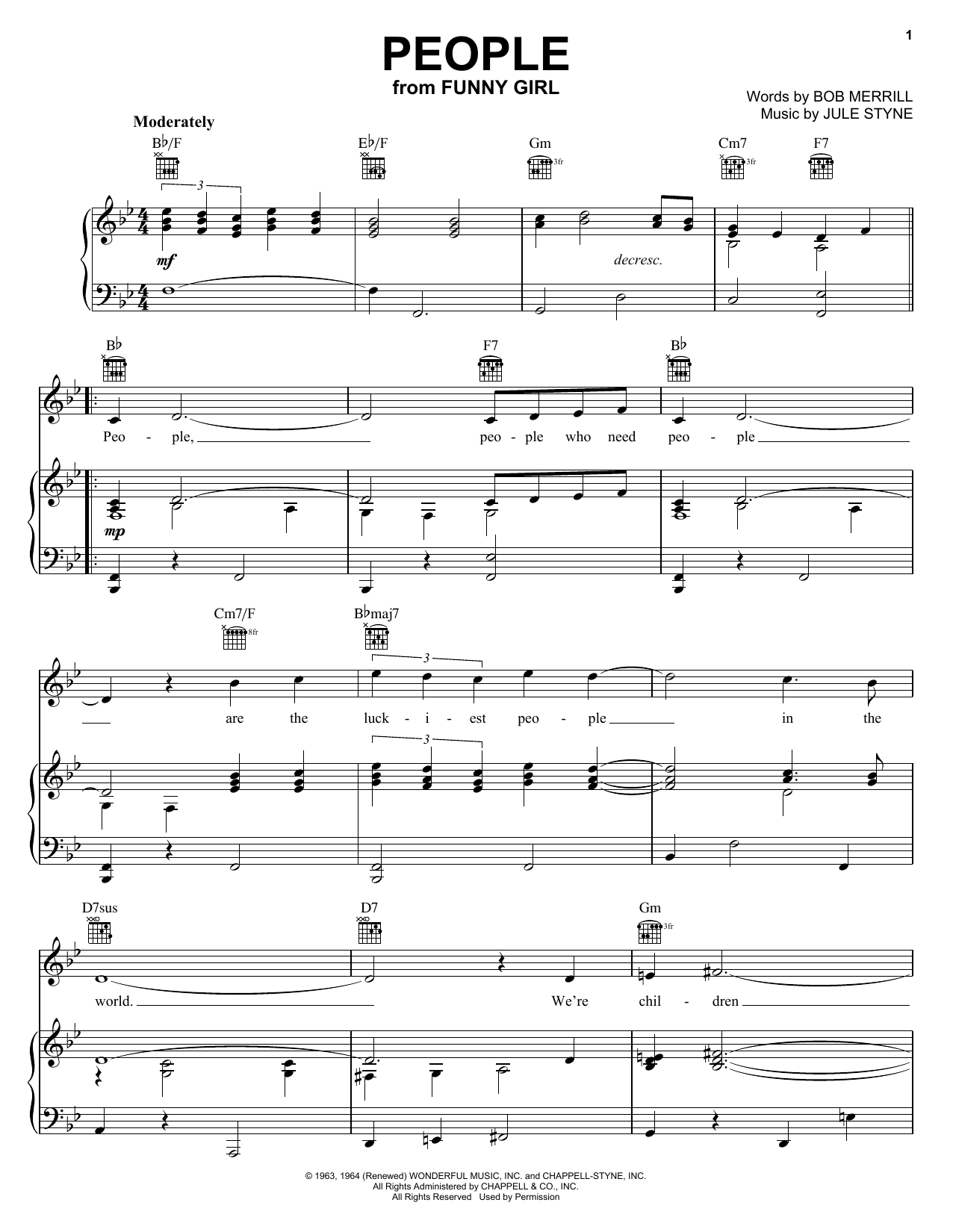 Barbra Streisand "People (from Funny Girl)" Sheet Music Notes, Chords ...