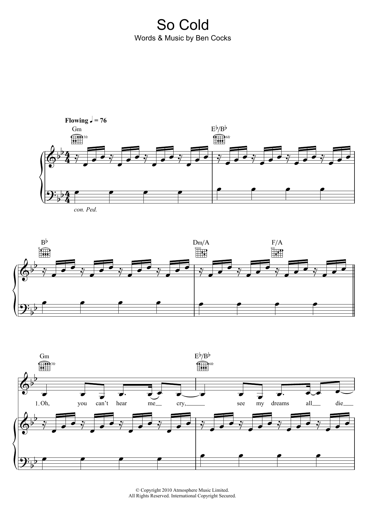 Ben Cocks "So Cold (featuring Nikisha Reyes-Pile)" Sheet Music Notes ...