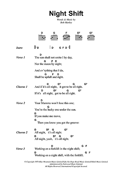 Bob Marley "Night Shift" Sheet Music Notes | Download Printable PDF ...