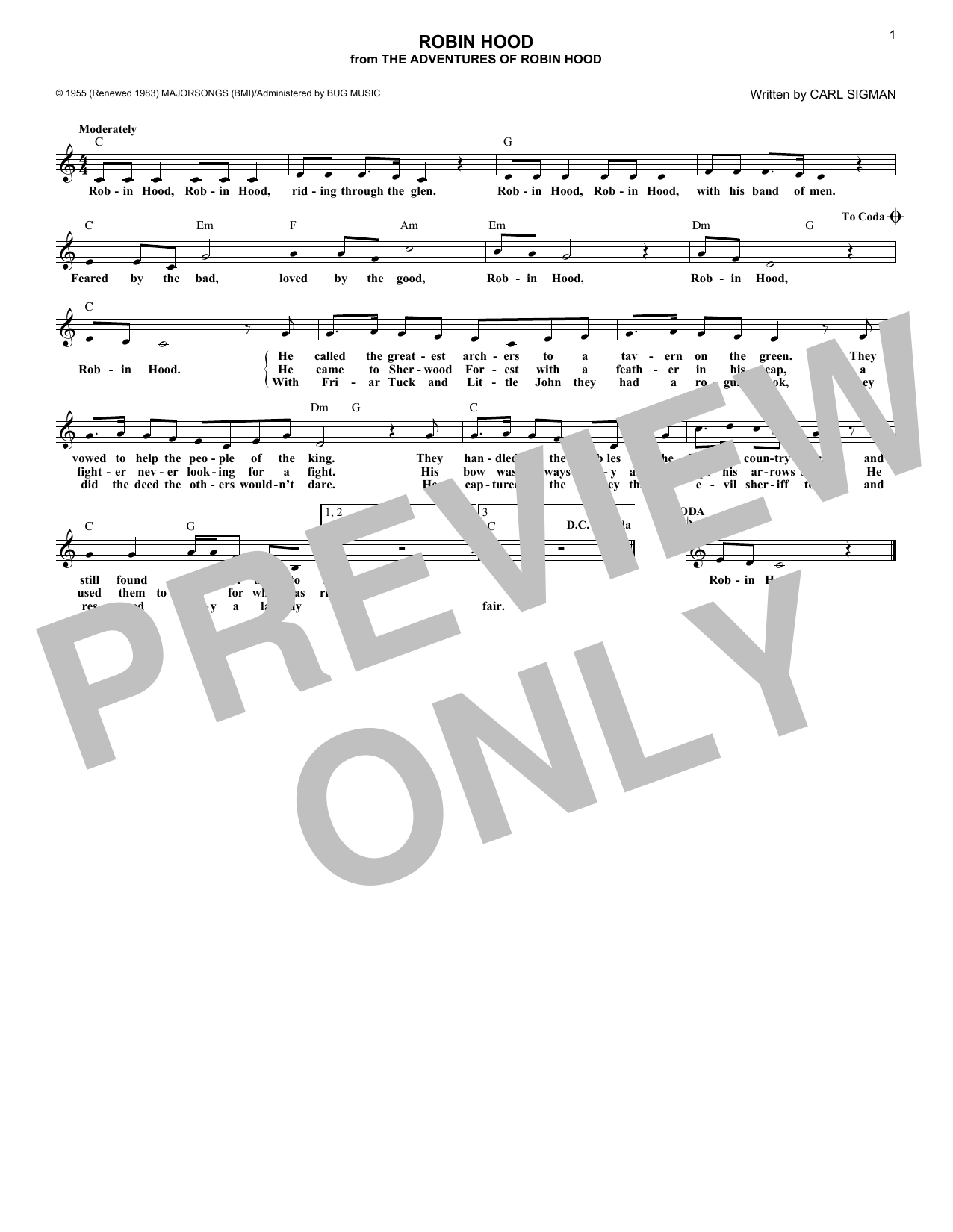 Carl Sigman "Robin Hood" Sheet Music Notes | Download Printable PDF ...
