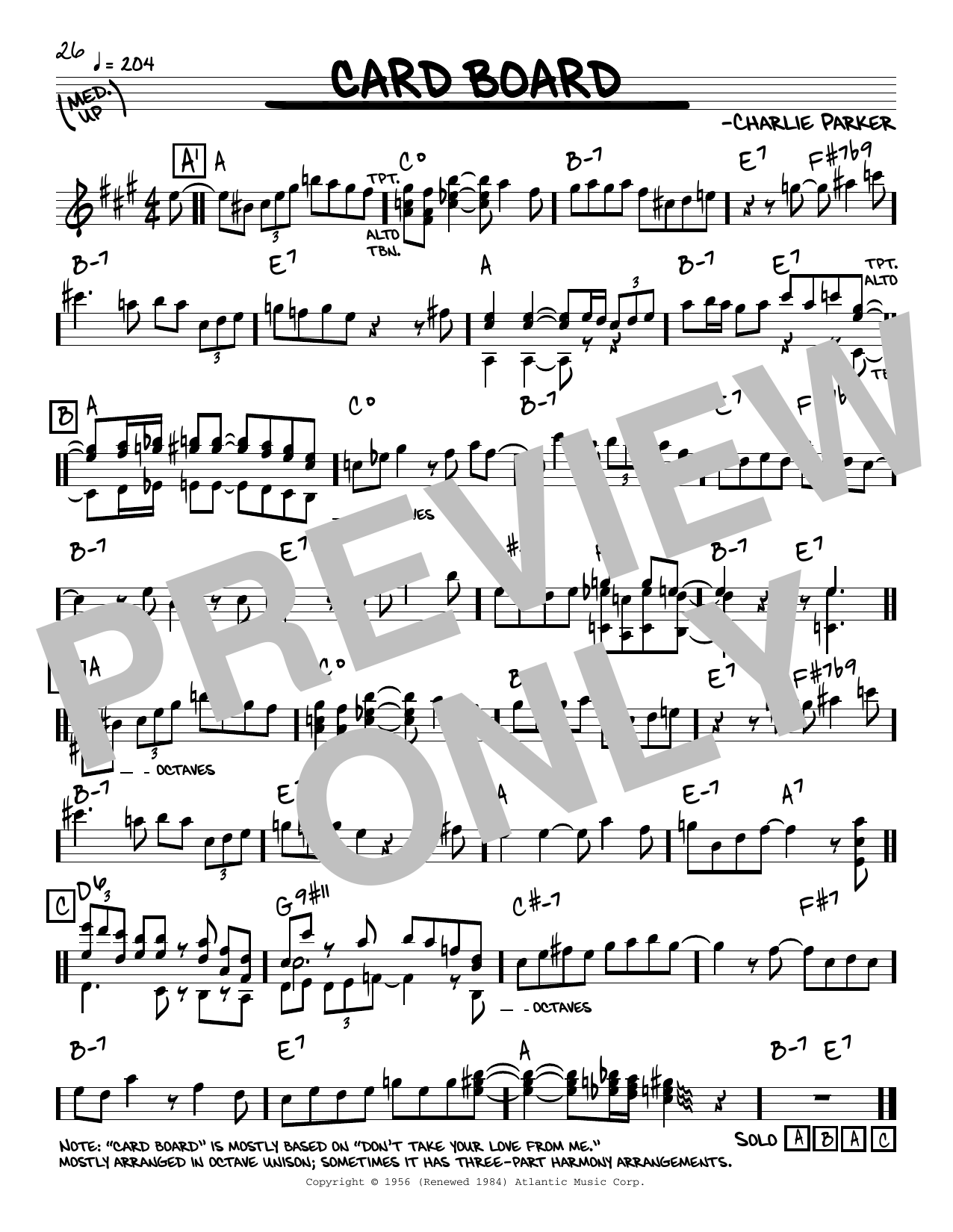 Charlie Parker "Card Board" Sheet Music Notes | Download Printable PDF ...