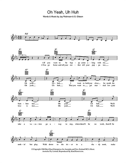 Col Joye "Oh Yeah, Uh Huh" Sheet Music Notes, Chords | Melody Line ...
