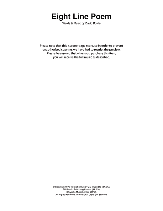 David Bowie "Eight Line Poem" Sheet Music Notes | Download Printable ...