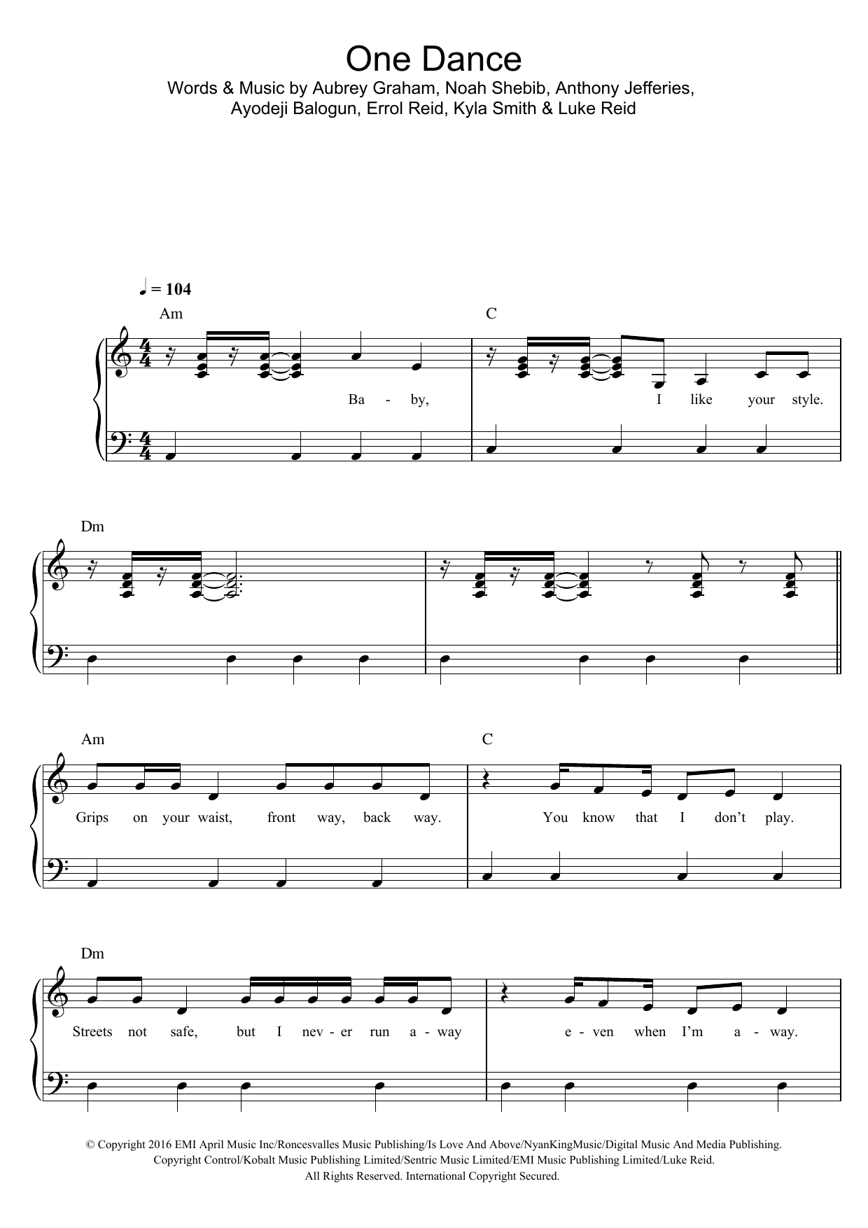 Drake "One Dance (featuring Wizkid and Kyla)" Sheet Music Notes ...