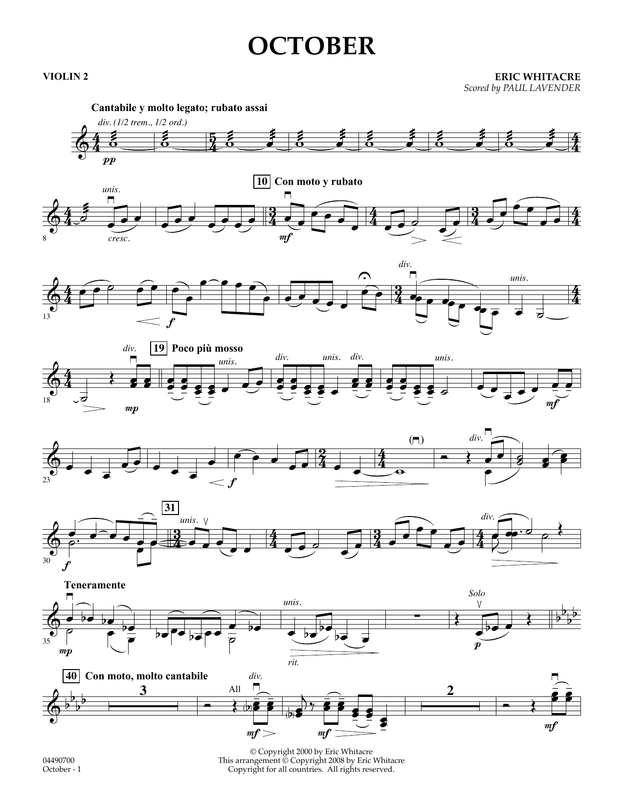 Eric Whitacre "October - Violin 2 (arr. Paul Lavender)" Sheet Music ...