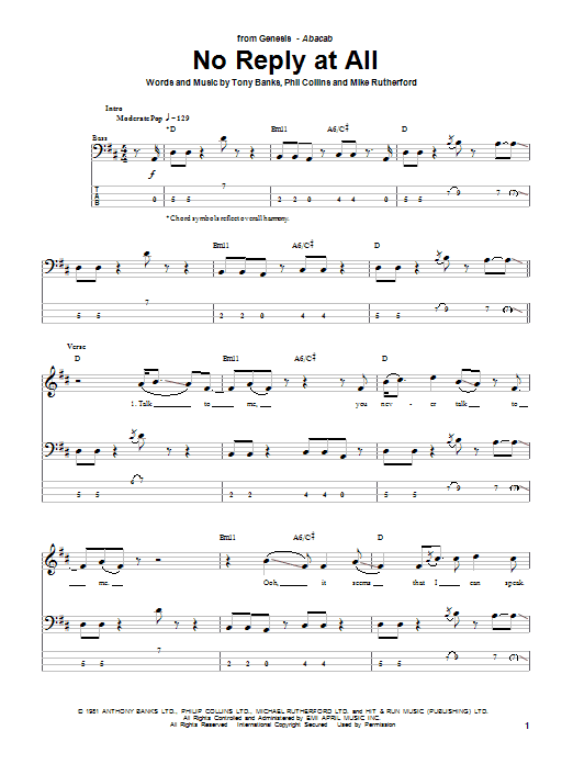 Genesis "No Reply At All" Sheet Music Notes | Download Printable PDF ...