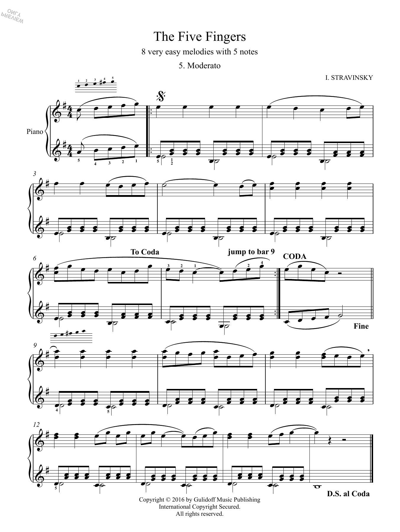 Igor Stravinsky "Five Fingers: 5. Moderato" Sheet Music Notes ...