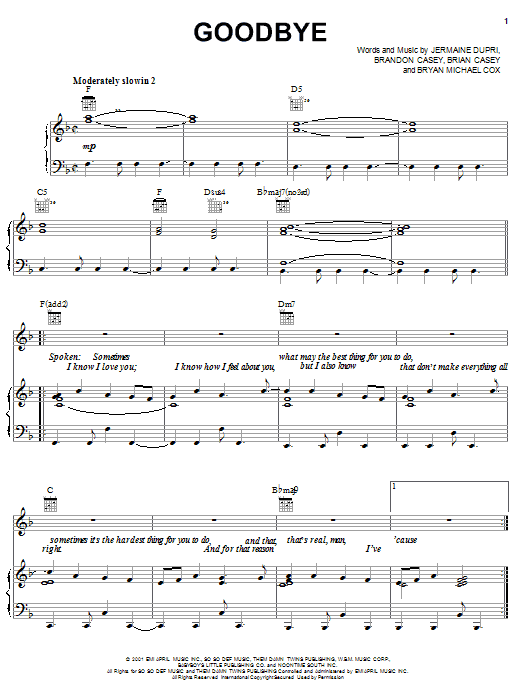 Jagged Edge "Goodbye" Sheet Music Notes | Download Printable PDF Score ...