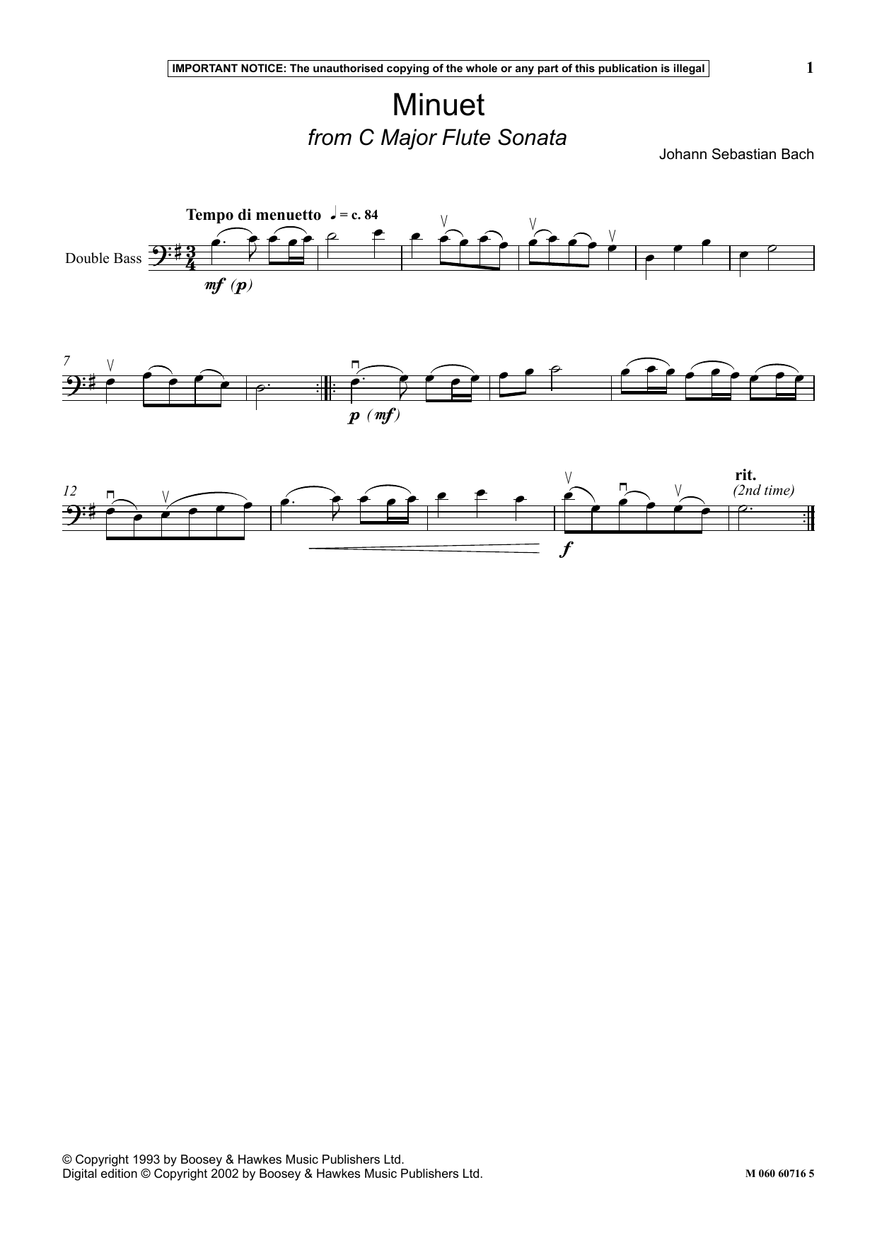 Johann Sebastian Bach "Minuet (from C Major Flute Sonata)" Sheet Music ...