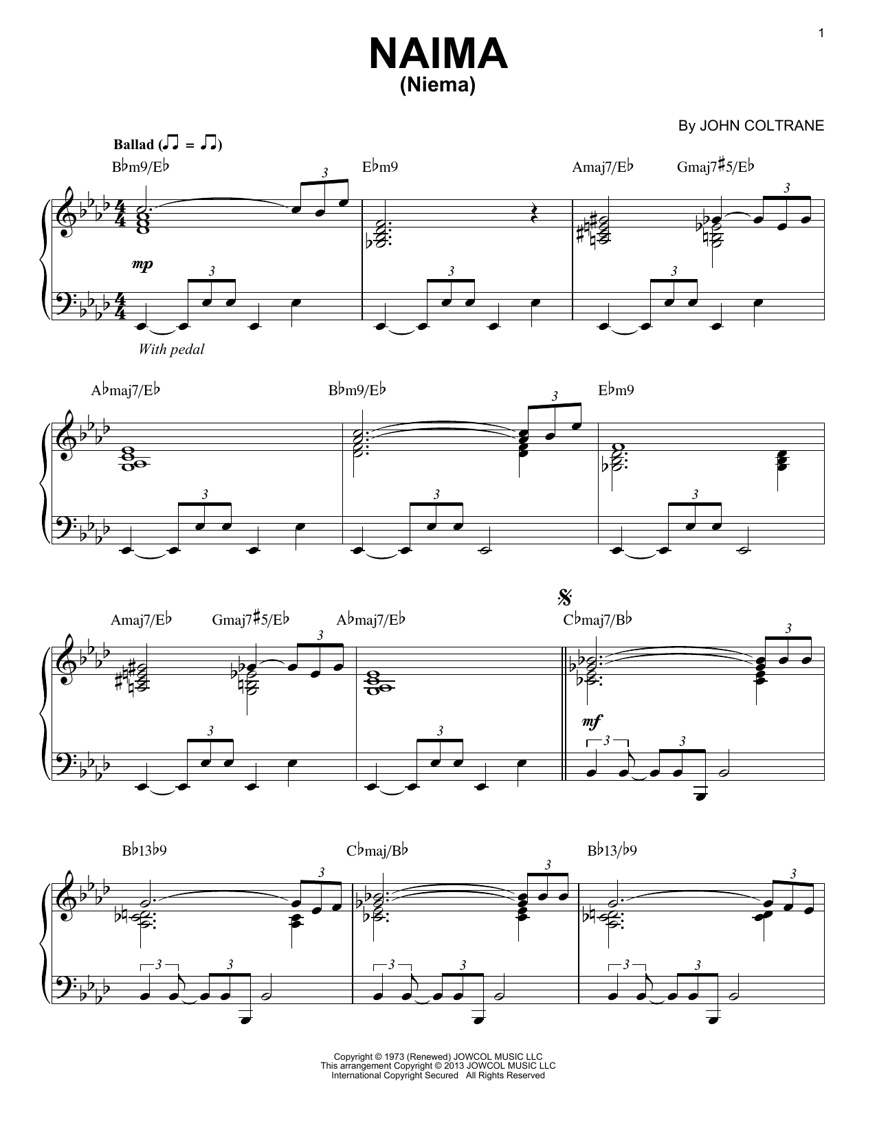 John Coltrane "Naima (Niema) (arr. Brent Edstrom)" Sheet Music Notes ...