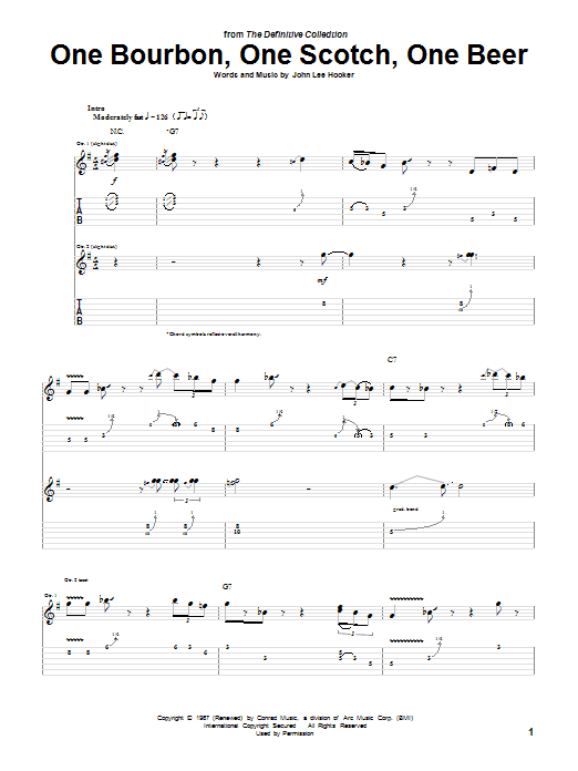 John Lee Hooker "One Bourbon, One Scotch, One Beer" Sheet Music Notes ...