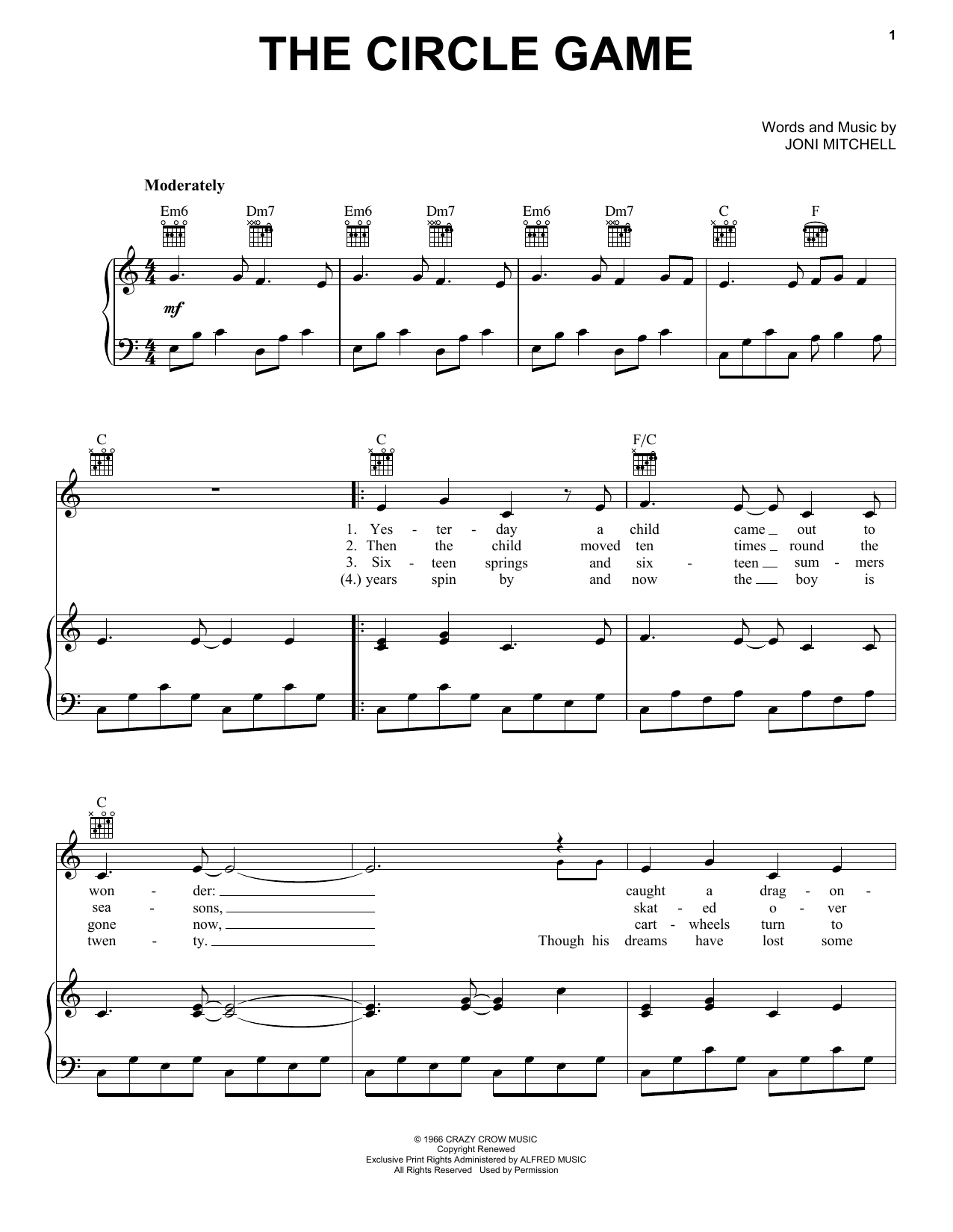 Joni Mitchell The Circle Game Sheet Music Notes Download Printable