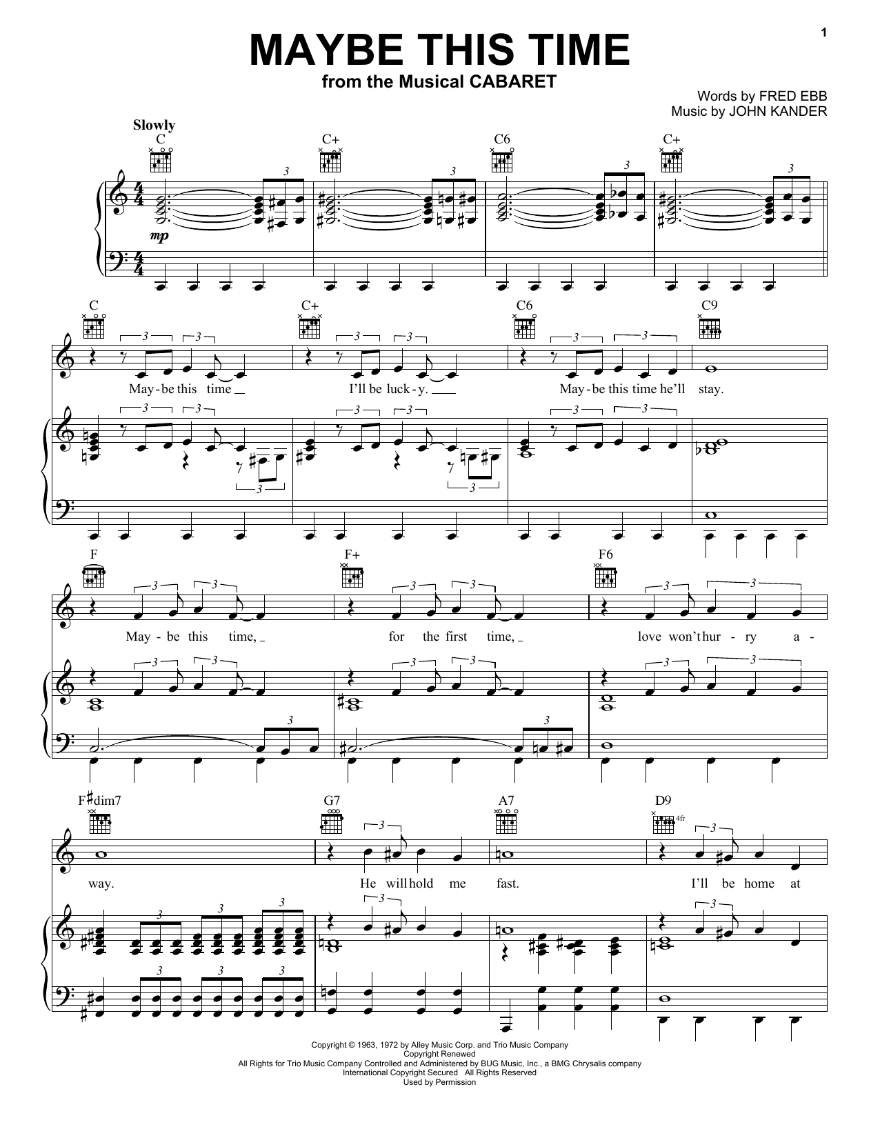 Kander & Ebb "Maybe This Time" Sheet Music Notes | Download Printable ...