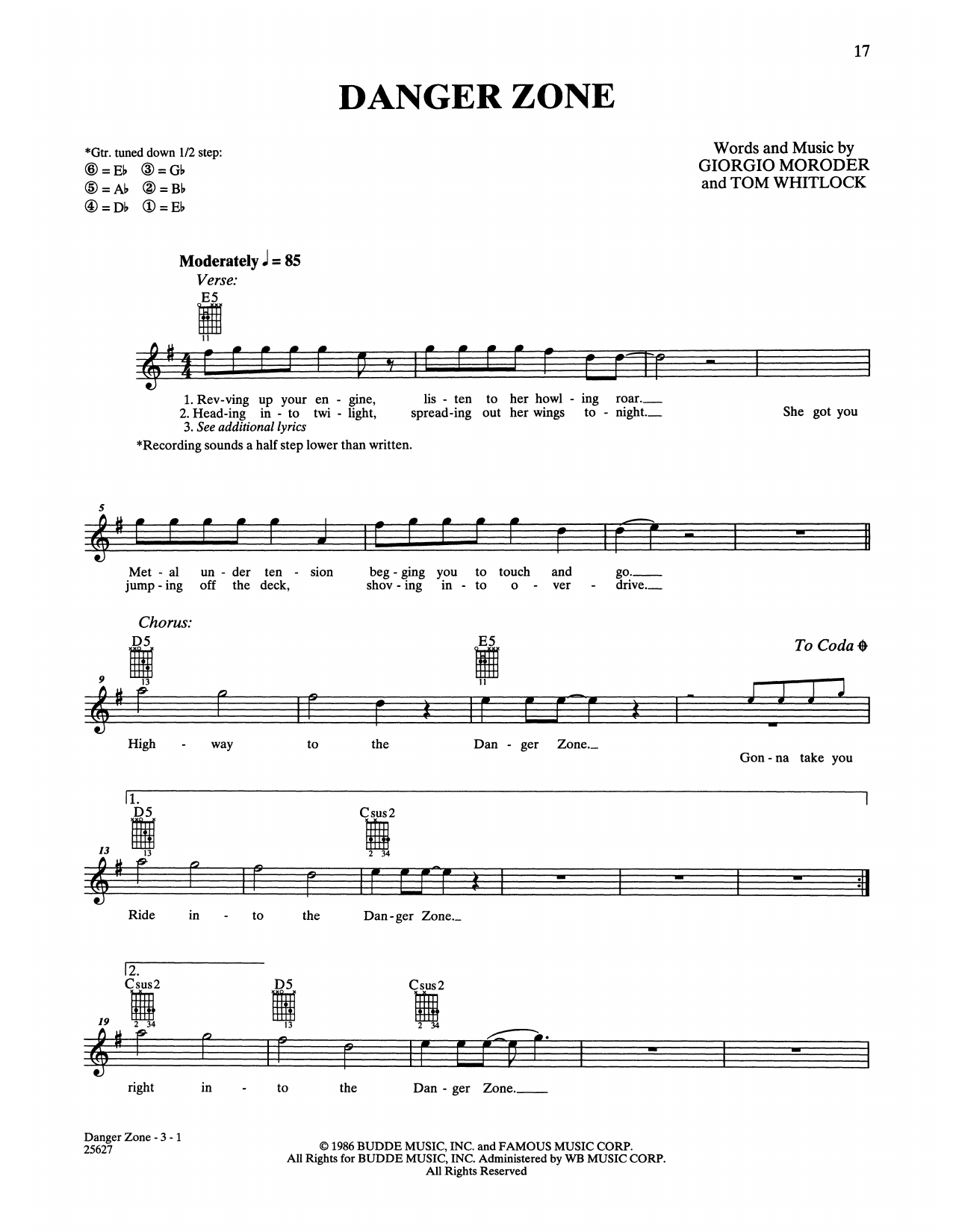 Kenny Loggins "Danger Zone (from Top Gun)" Sheet Music Notes | Download ...