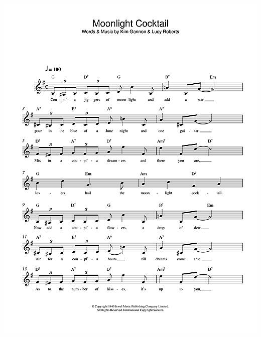 Kim Gannon "Moonlight Cocktail" Sheet Music Notes | Download Printable ...