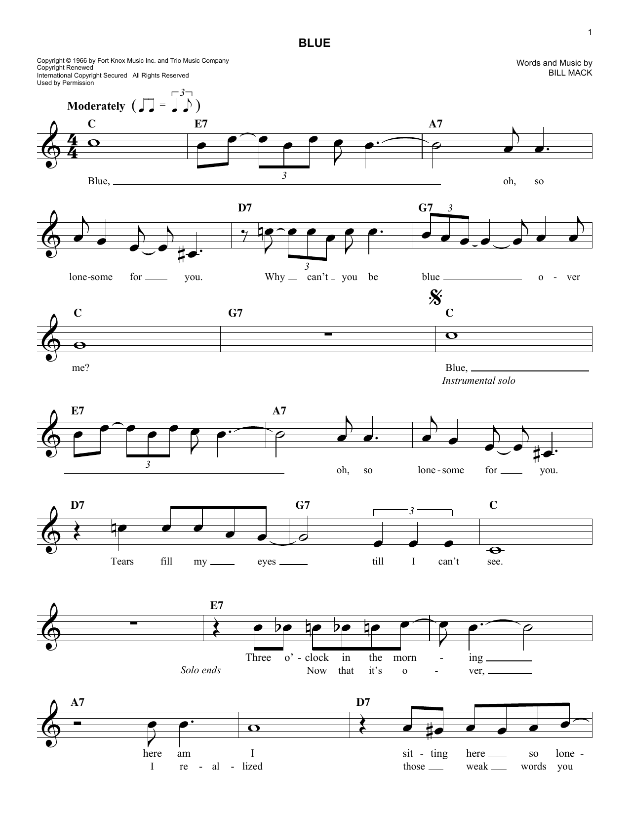 LeAnn Rimes "Blue" Sheet Music Notes, Chords | Piano, Vocal & Guitar ...