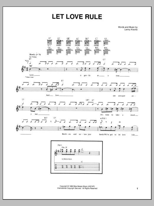 Lenny Kravitz "Let Love Rule" Sheet Music Notes | Download Printable ...
