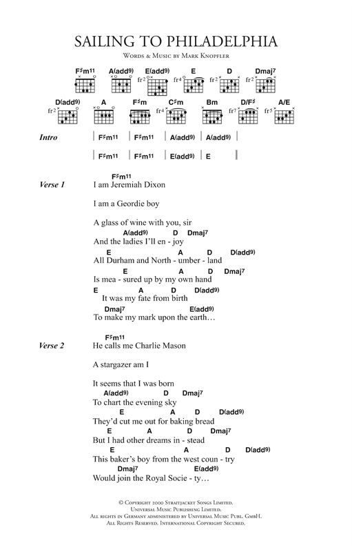 Mark Knopfler "Sailing To Philadelphia" Sheet Music Notes | Download ...