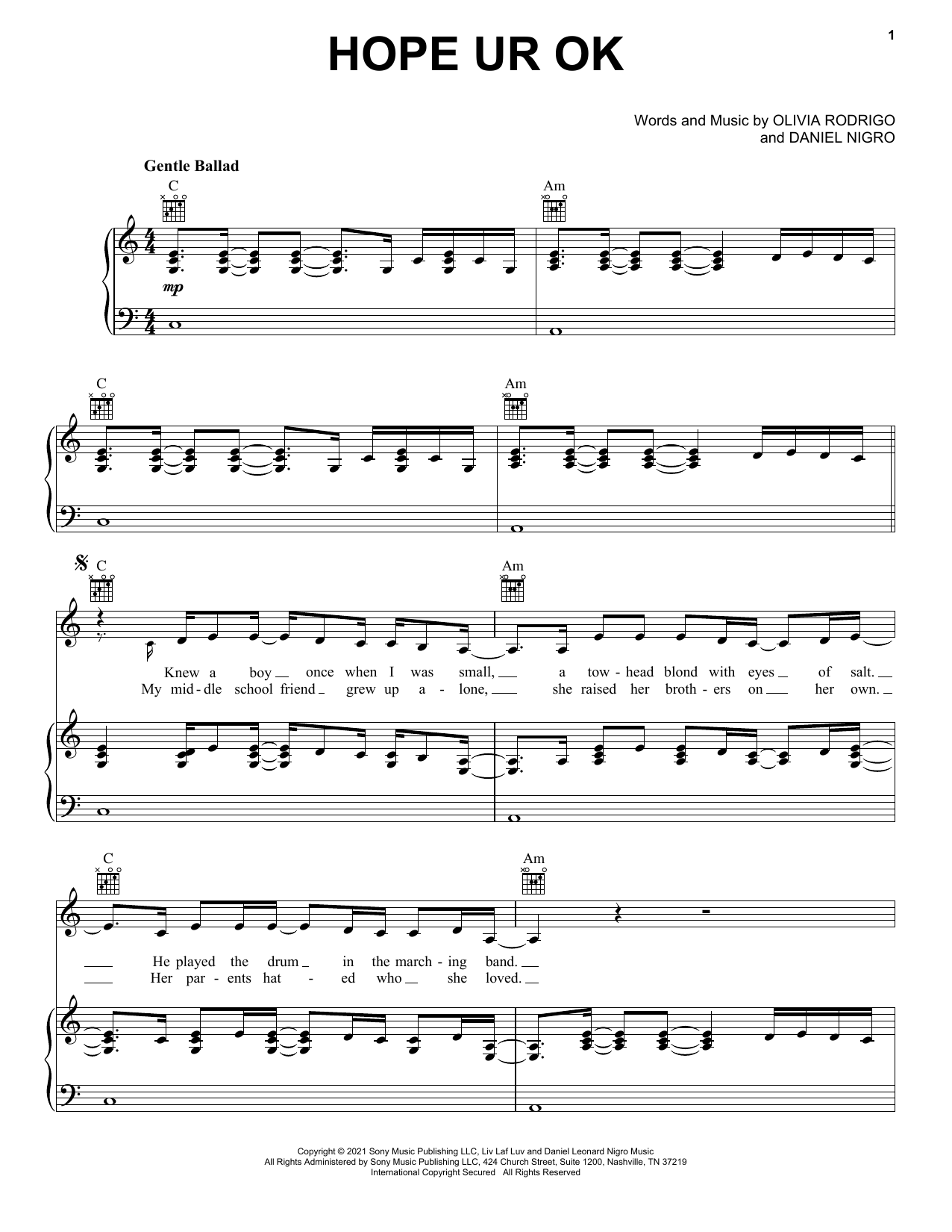 Olivia Rodrigo "hope ur ok" Sheet Music Notes | Download Printable PDF ...