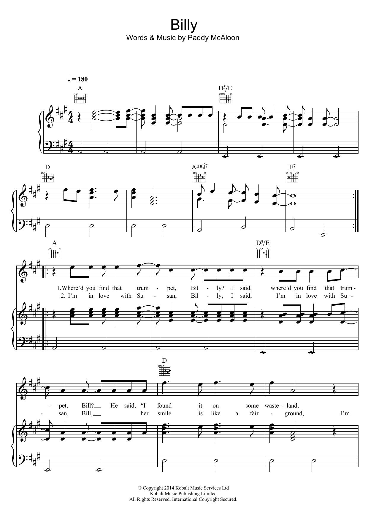 Prefab Sprout "Billy" Sheet Music Notes | Download Printable PDF Score ...