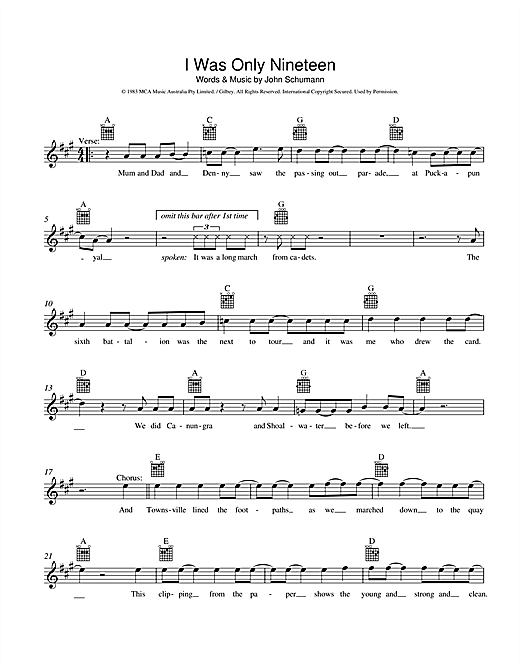 Redgum "I Was Only Nineteen" Sheet Music Notes, Chords | Melody Line ...