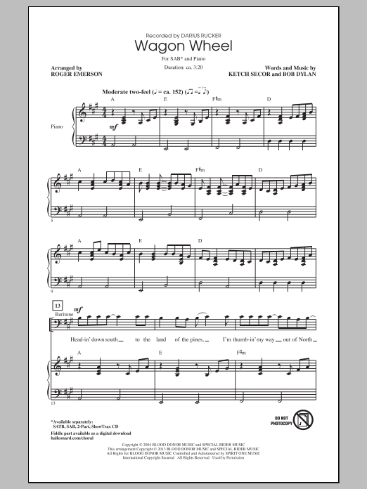Roger Emerson "Wagon Wheel" Sheet Music Notes | Download Printable PDF ...