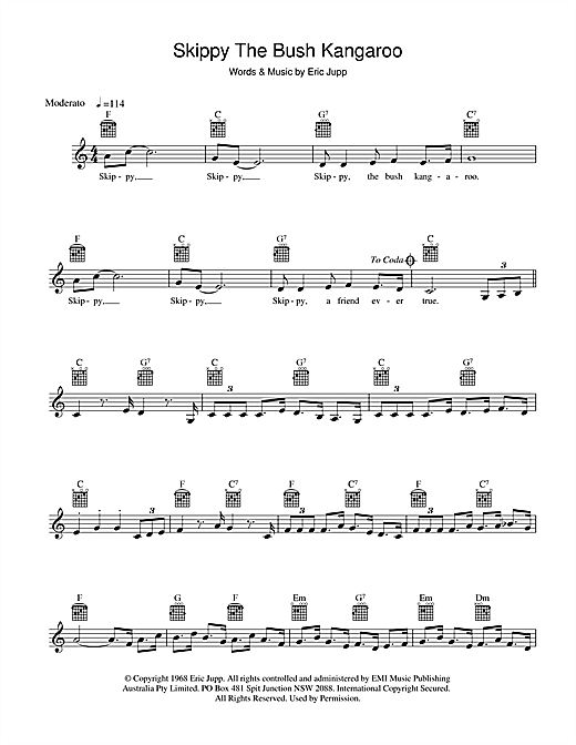 Rolf Harris "Skippy The Bush Kangaroo" Sheet Music Notes | Download ...