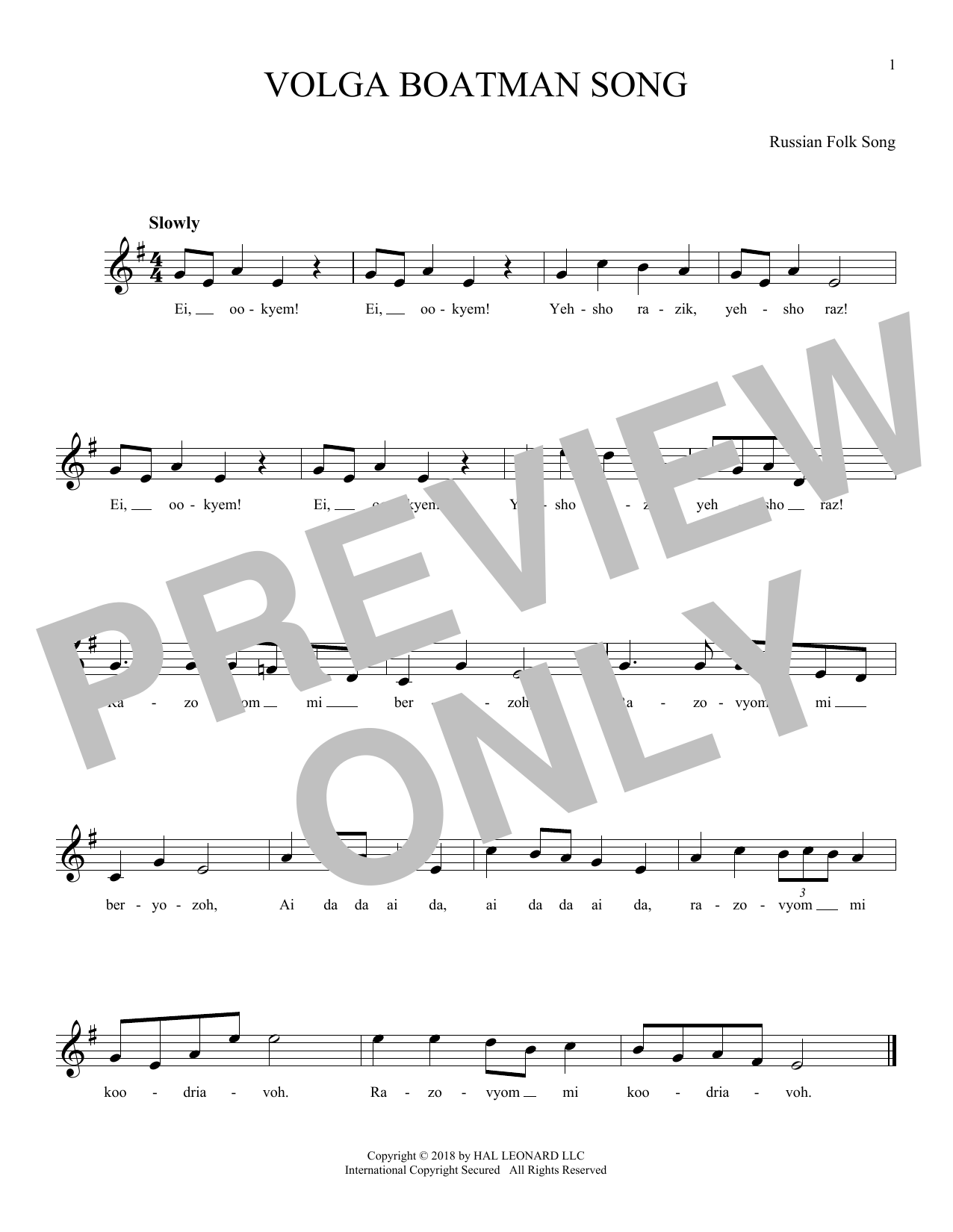 Russian Folk Song "Song Of The Volga Boatman" Sheet Music Notes ...