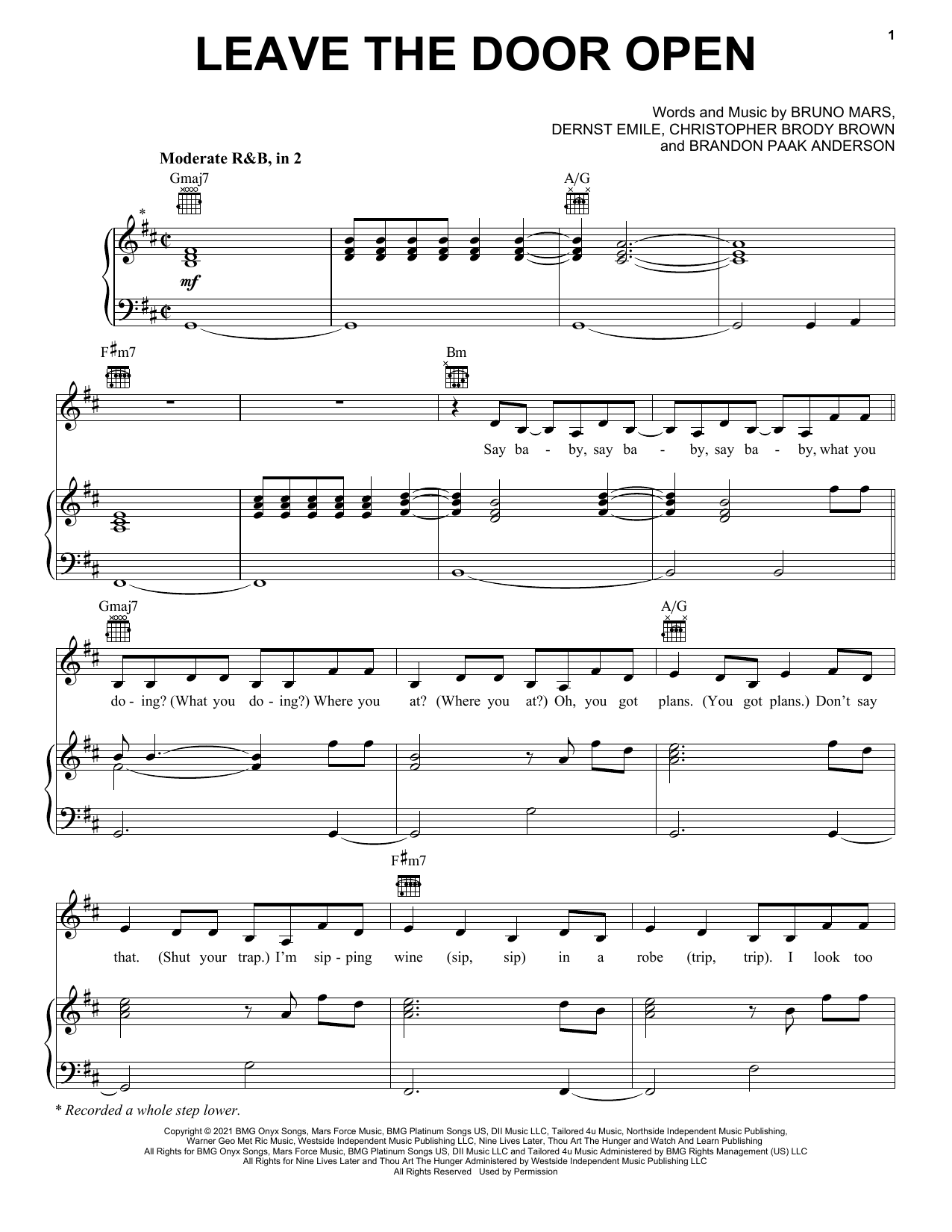 Silk Sonic "Leave The Door Open" Sheet Music Notes | Download Printable ...
