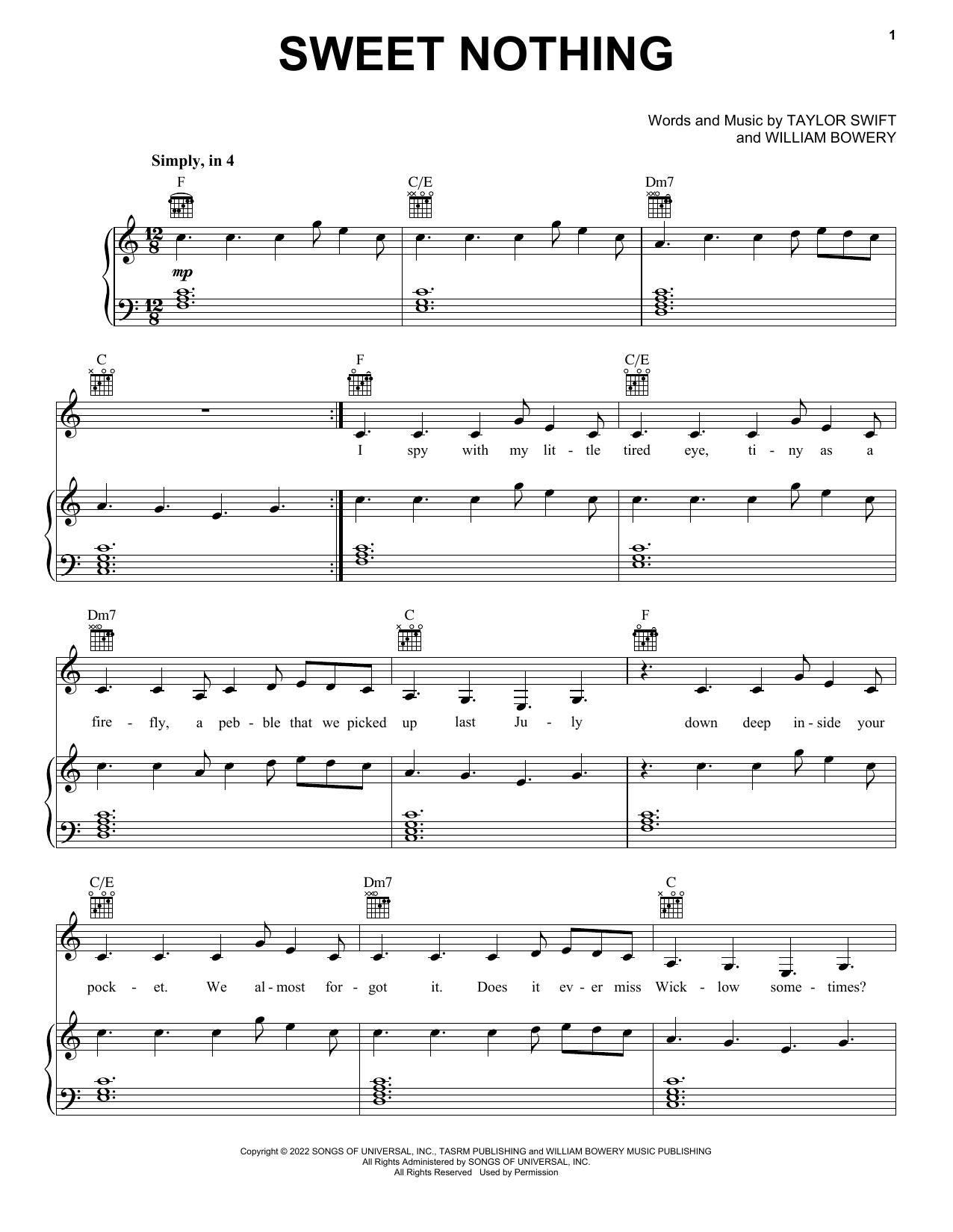 Taylor Swift "Sweet Nothing" Sheet Music Notes | Download Printable PDF ...