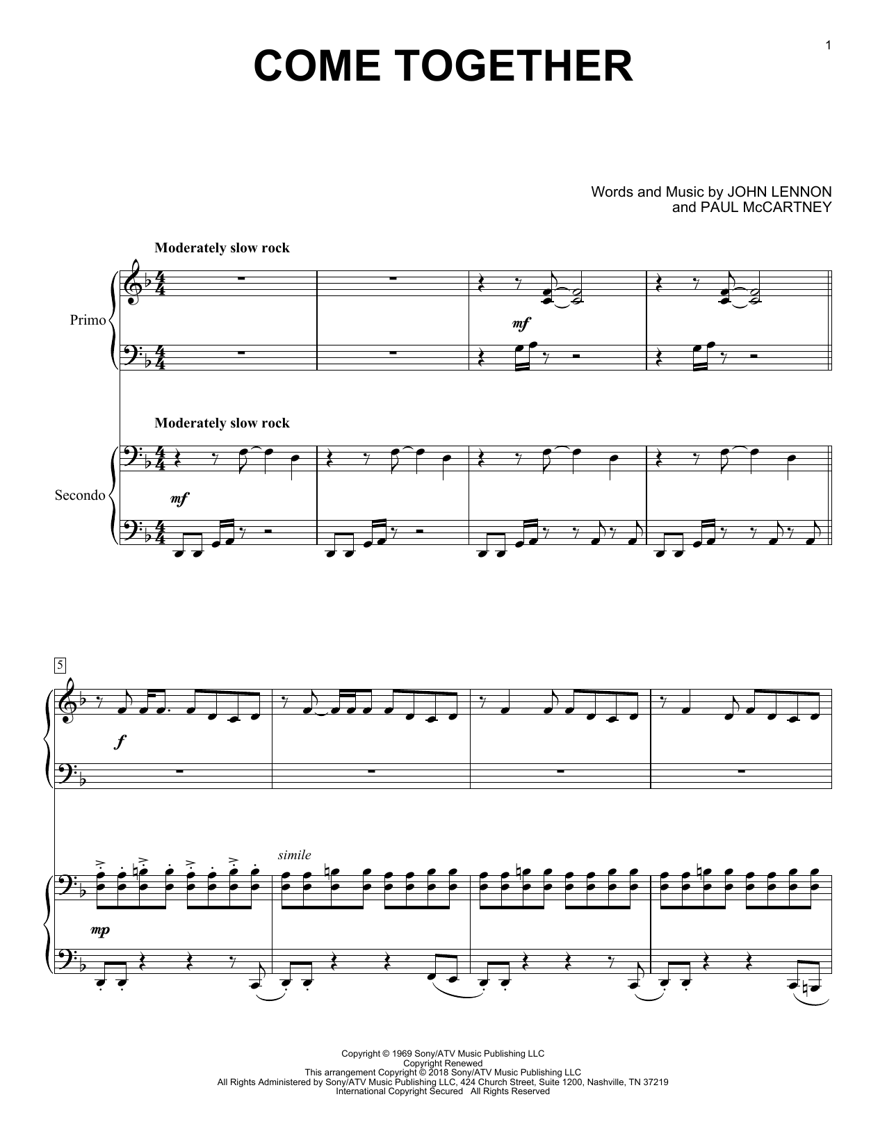 The Beatles "Come Together" Sheet Music Notes | Download Printable PDF ...