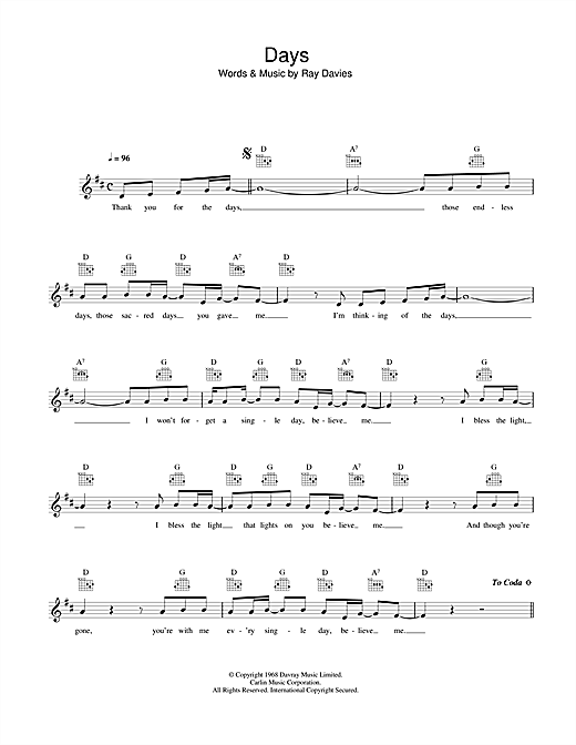 The Kinks "Days" Sheet Music Notes | Download Printable PDF Score 45580