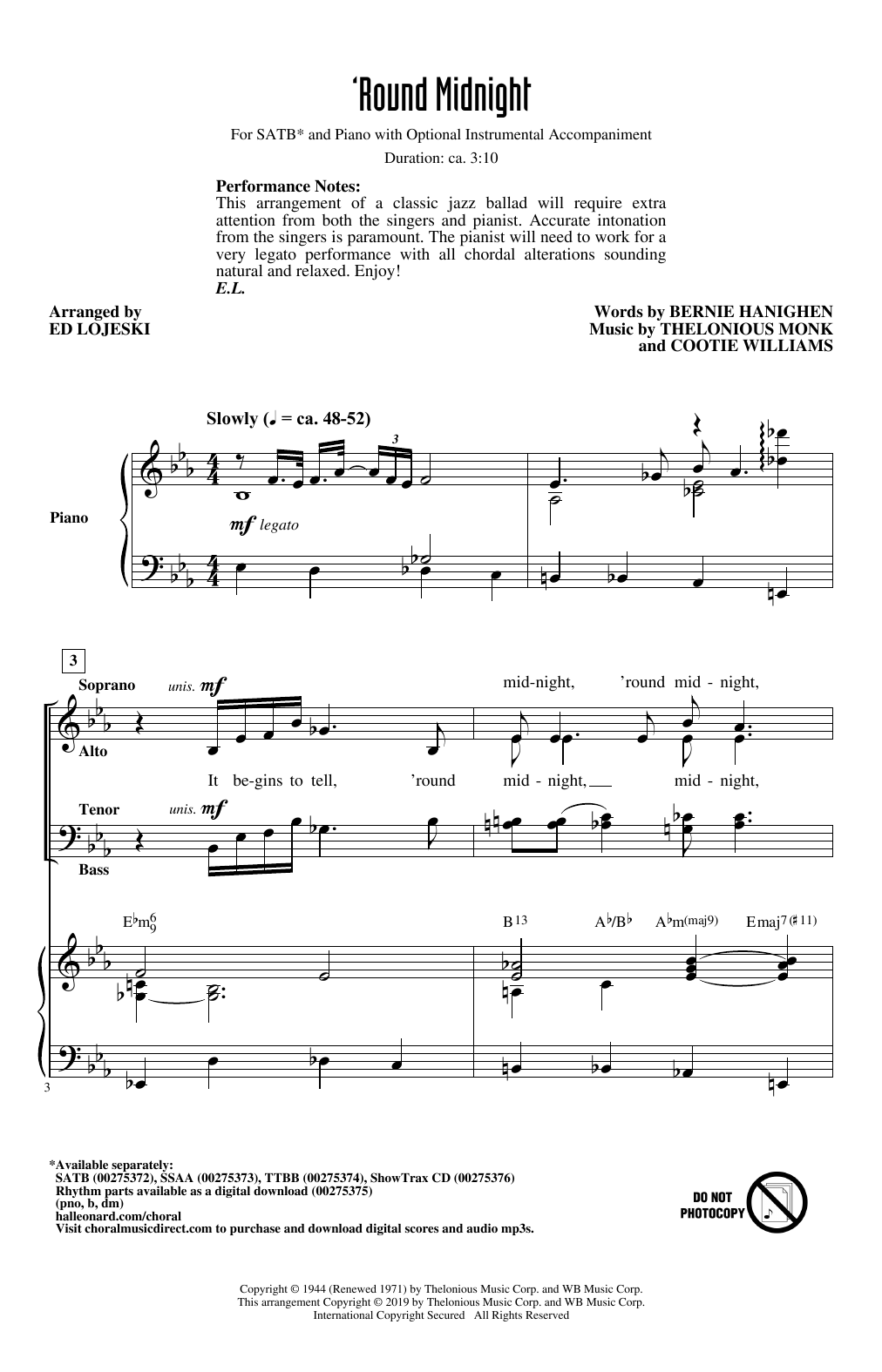 Thelonious Monk "'Round Midnight (arr. Ed Lojeski)" Sheet Music Notes ...