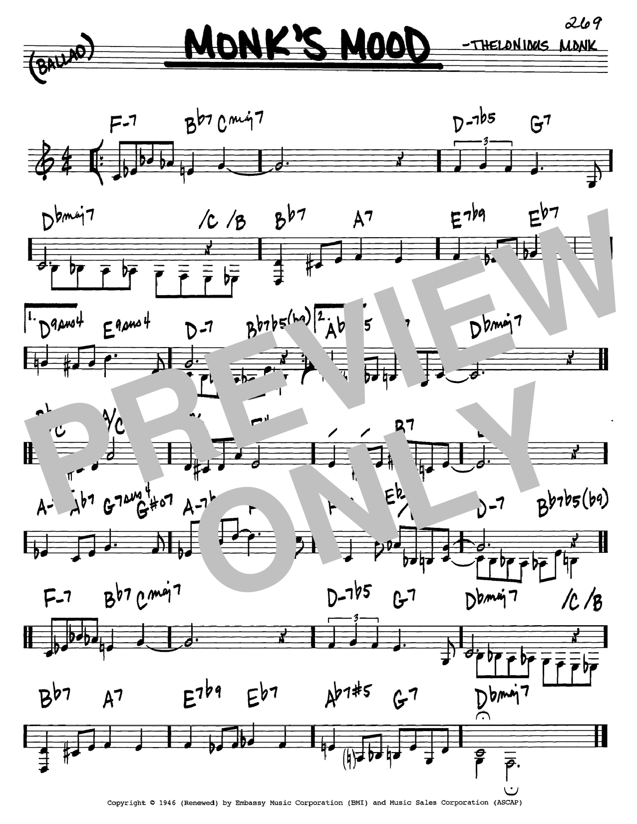 Thelonious Monk "Monk's Mood" Sheet Music Notes | Download Printable ...