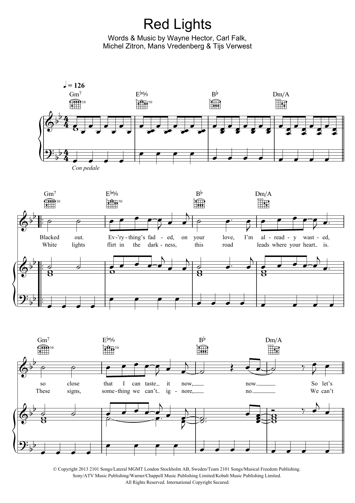 Tiesto "Red Lights" Sheet Music Notes | Download Printable PDF Score 118193