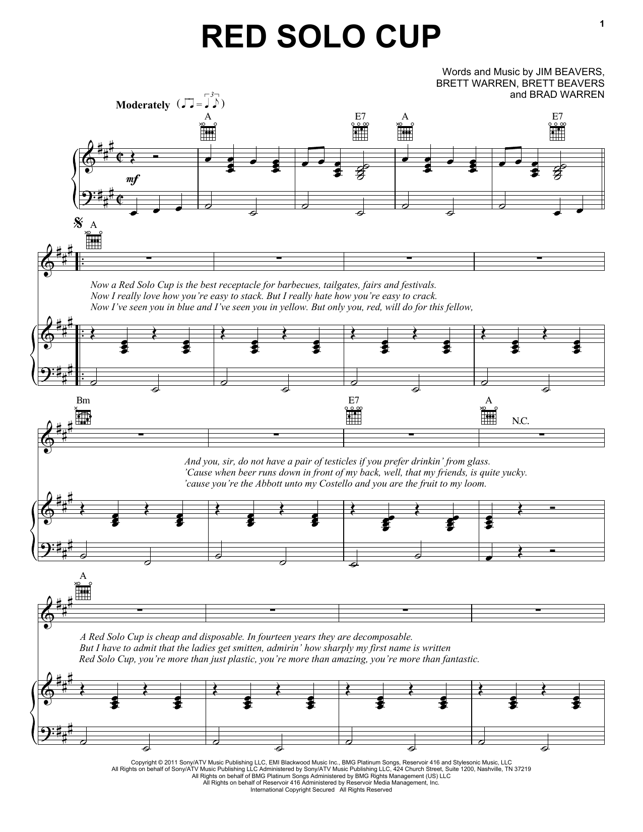 Toby Keith "Red Solo Cup" Sheet Music Notes | Download Printable PDF ...
